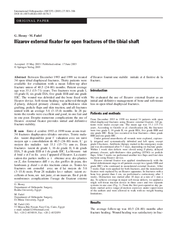 (PDF) Ilizarov external fixator for open fractures of the tibial shaft