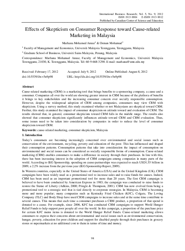 (PDF) Effects of Skepticism on Consumer Response toward Cause-related ...