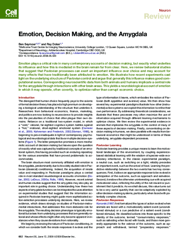 (PDF) Emotion, Decision Making, and the Amygdala | Raymond Dolan ...