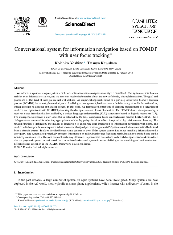 Pdf Conversational System For Information Navigation Based On Pomdp With User Focus Tracking