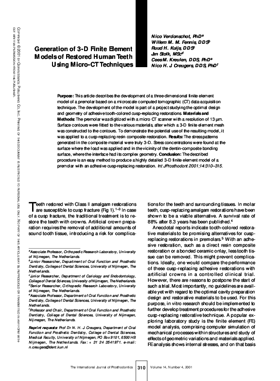Pdf Generation Of 3 D Finite Element Models Of Restored Human Teeth Using Micro Ct Techniques