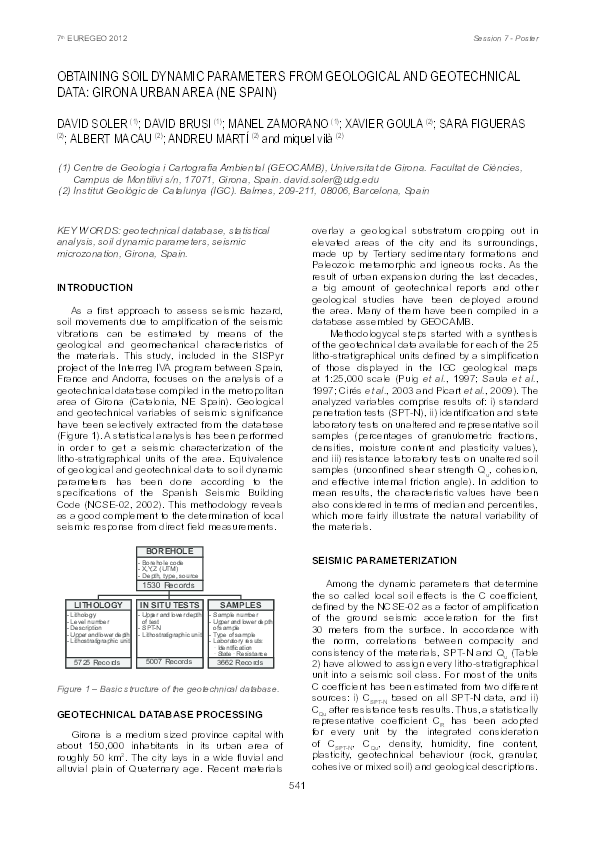 (PDF) OBTAINING SOIL DYNAMIC PARAMETERS FROM GEOLOGICAL AND GEOTECHNICAL DATA: GIRONA URBAN AREA ...