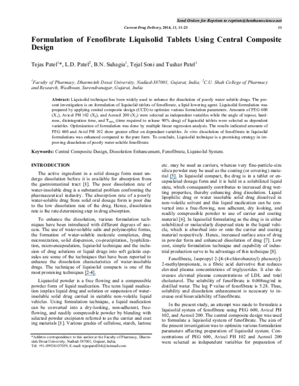 Pdf Formulation Of Fenofibrate Liquisolid Tablets Using Central Composite Design