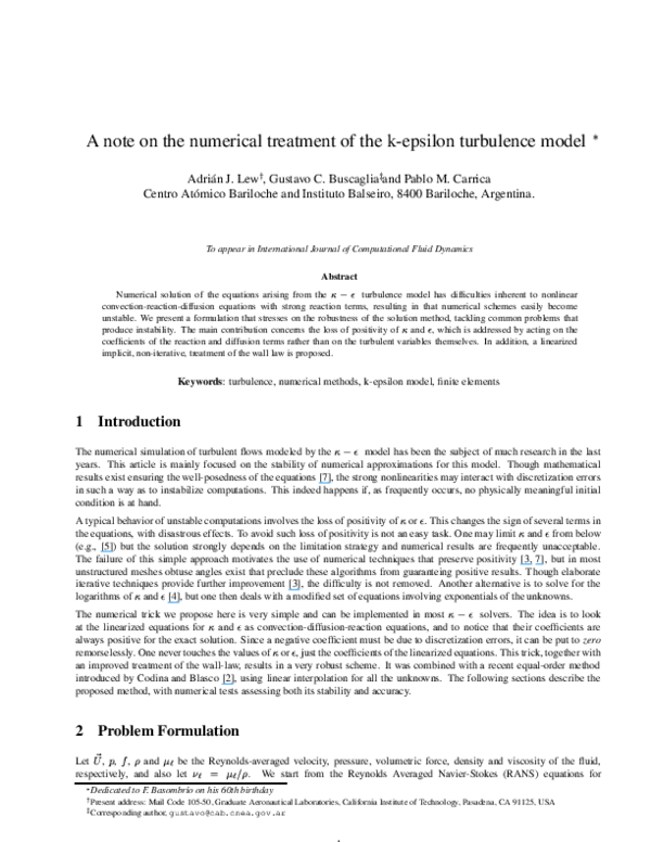 (PDF) A Note on the Numerical Treatment of the k-epsilon Turbulence Model