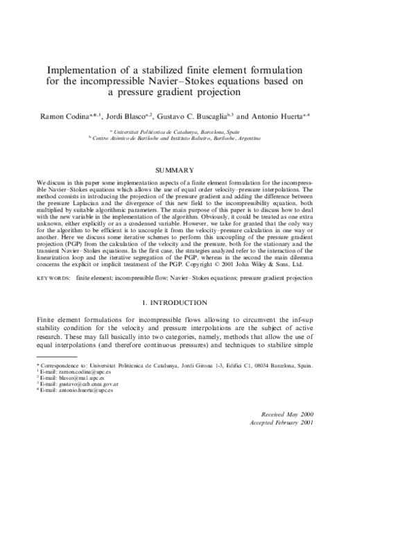 (PDF) Implementation of a stabilized finite element formulation for the incompressible Navier ...