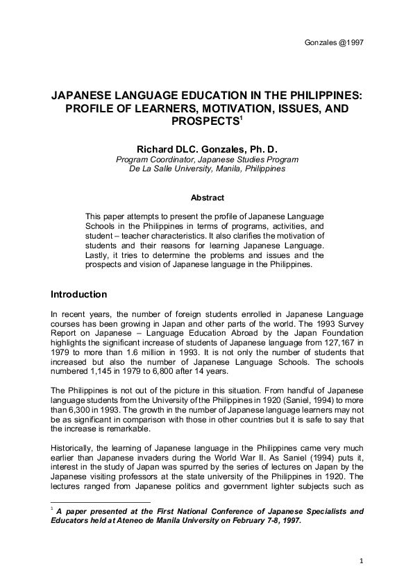 (PDF) JAPANESE LANGUAGE EDUCATION IN THE PHILIPPINES: PROFILE OF ...