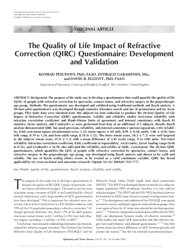 (PDF) The Quality of Life Impact of Refractive Correction (QIRC ...