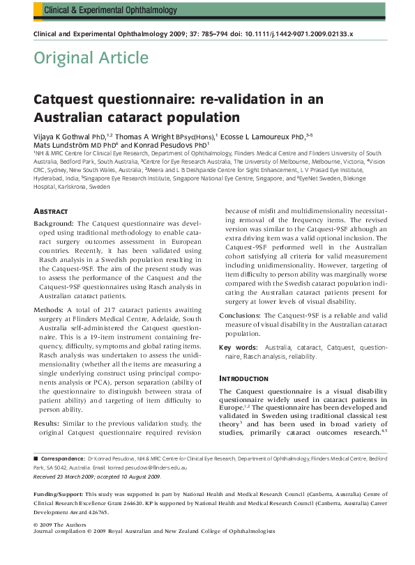 (PDF) Catquest questionnaire: re-validation in an Australian cataract ...