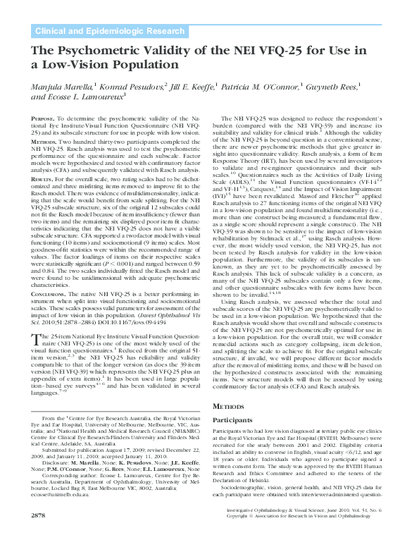 (PDF) The Psychometric Validity of the NEI VFQ-25 for Use in a Low ...