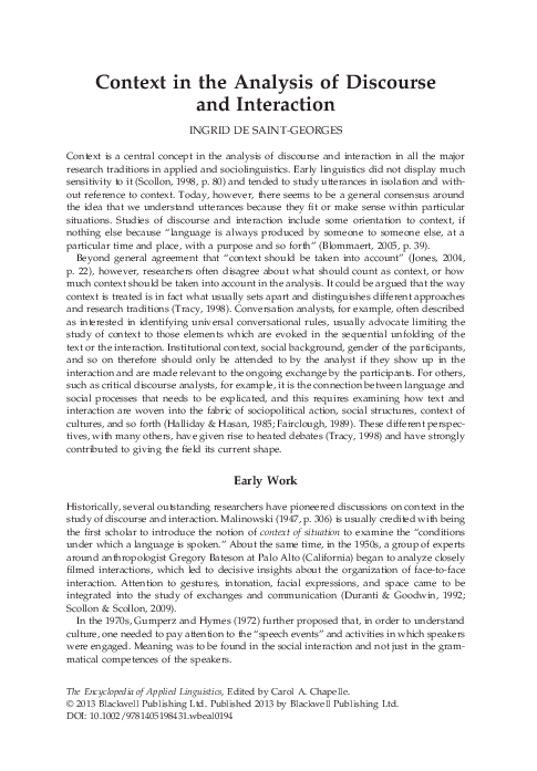 Context in the Analysis of Discourse and Interaction