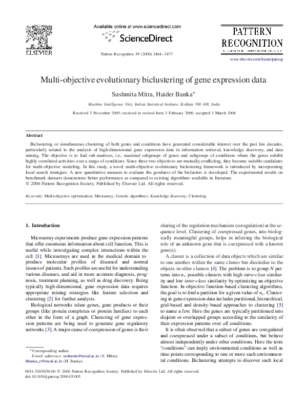 (PDF) Multi-objective evolutionary biclustering of gene expression data