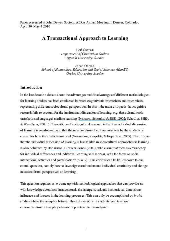 (PDF) A transactional approach to learning