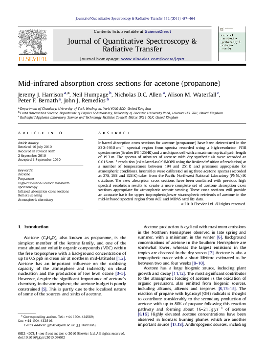 (PDF) Mid-infrared absorption cross sections for acetone (propanone