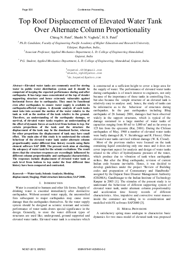 (PDF) Top Roof Displacement of Elevated Water Tank Over Alternate ...