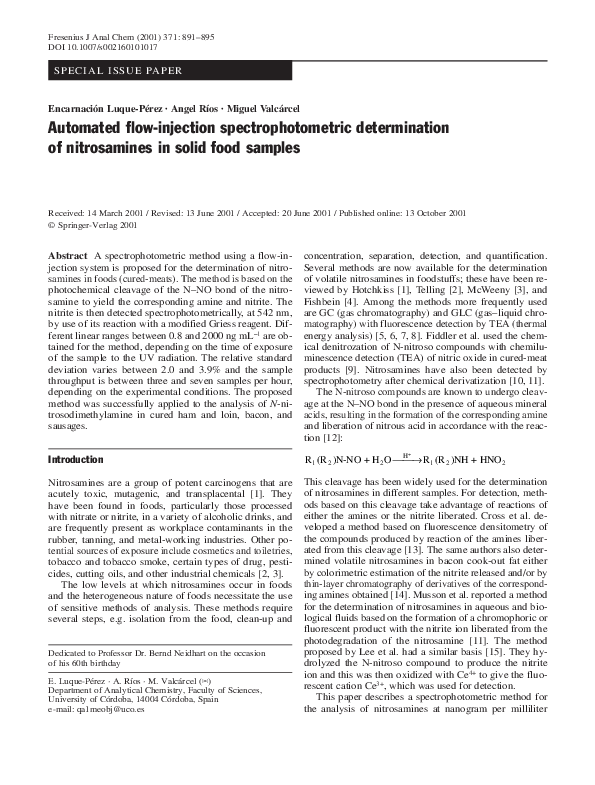 Pdf Automated Flow Injection Spectrophotometric Determination Of Nitrosamines In Solid Food