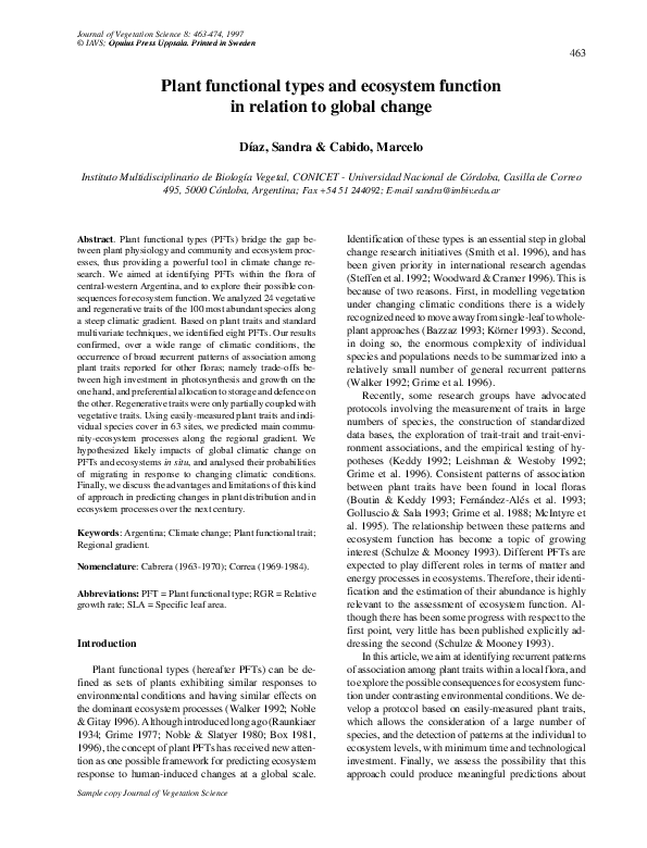 (PDF) Plant functional types and ecosystem function in relation to ...