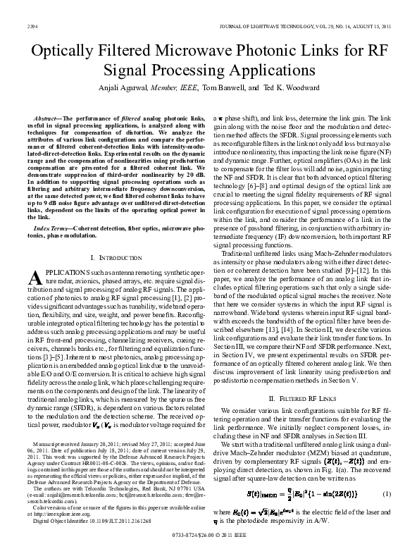(PDF) Optically Filtered Microwave Photonic Links for RF Signal Processing Applications