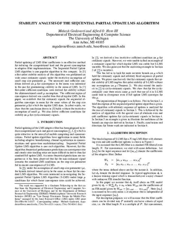 (PDF) Stability analysis of the sequential partial update LMS algorithm