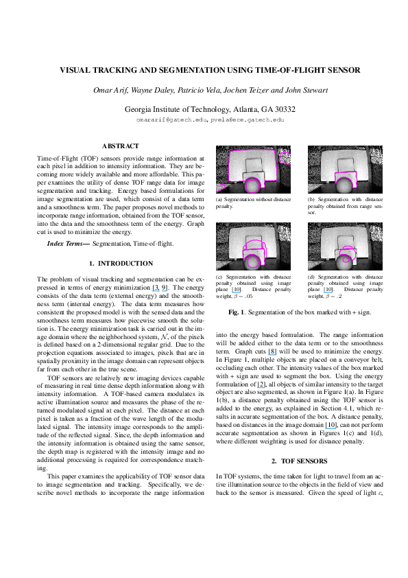Pdf Visual Tracking And Segmentation Using Time Of Flight Sensor