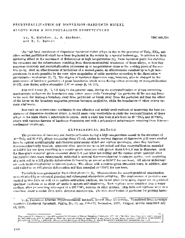 Pdf Recrystallization Of Dispersion Hardened Nickel Alloys With A Polygonalized Substructure