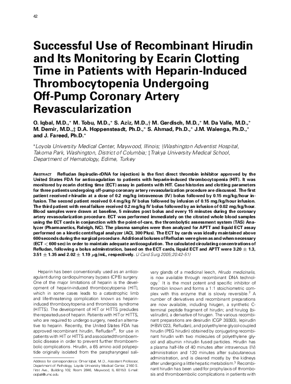 (PDF) Successful Use of Recombinant Hirudin and Its Monitoring by ...