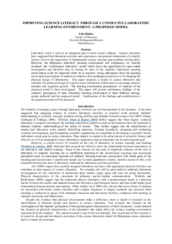 (PDF) Improving Science Literacy Through a Conducive Laboratory ...