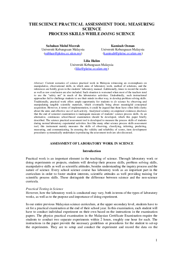 (PDF) The Science Practical Assessment Tool: Measuring Science Process ...