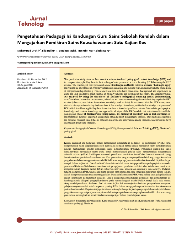 (PDF) Pengetahuan Pedagogi Isi Kandungan Guru Sains Sekolah Rendah dalam Mengajarkan Pemikiran ...