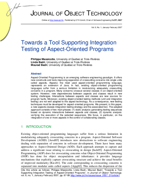 Pdf Towards A Tool Supporting Integration Testing Of Aspect Oriented Programs P Massicotte