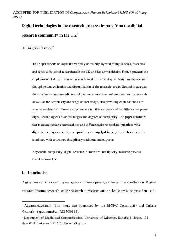 (PDF) 2016, Digital technologies in the research process: Lessons from ...