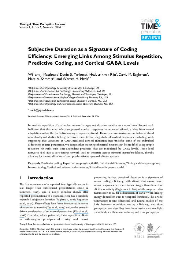 (PDF) Subjective Duration as a Signature of Coding Efficiency: Emerging Links Among Stimulus ...