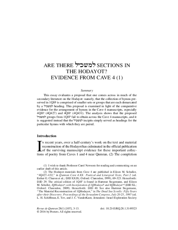 Are there למשכיל Sections in the Hodayot? Evidence from Cave 4. Revue ...