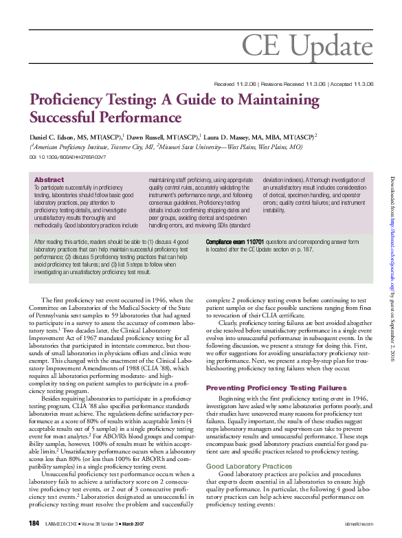 (PDF) Proficiency Testing: A Guide to Maintaining Successful Performance