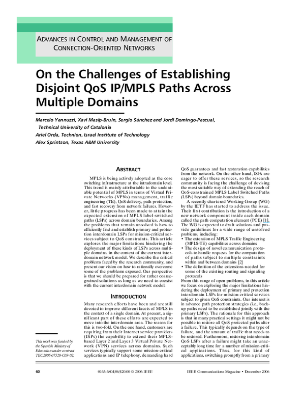 (PDF) On the challenges of establishing disjoint QoS IP/MPLS paths across multiple domains
