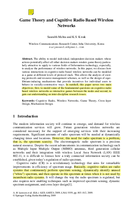 Pdf Game Theory And Cognitive Radio Based Wireless Networks