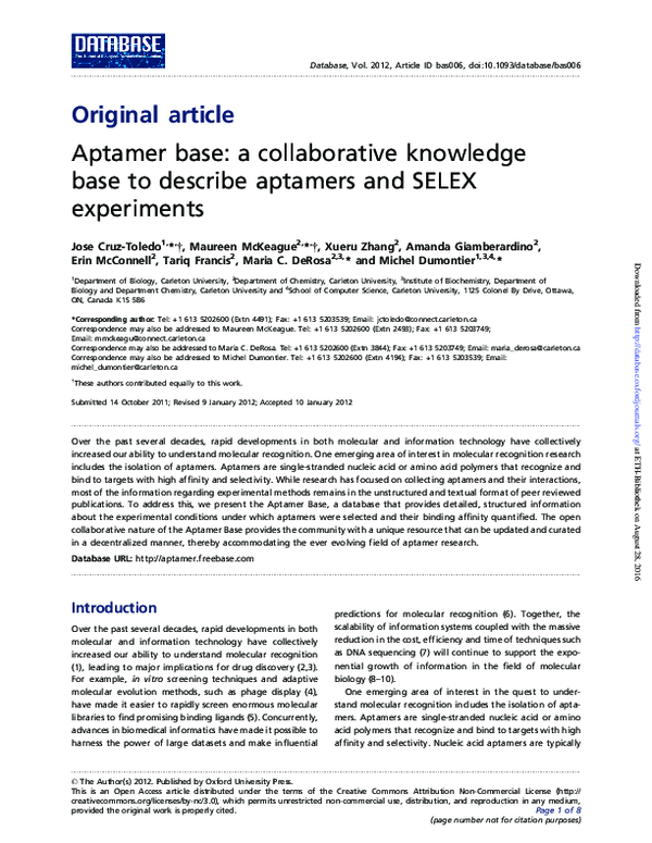 (PDF) Aptamer base: a collaborative knowledge base to describe aptamers and SELEX experiments