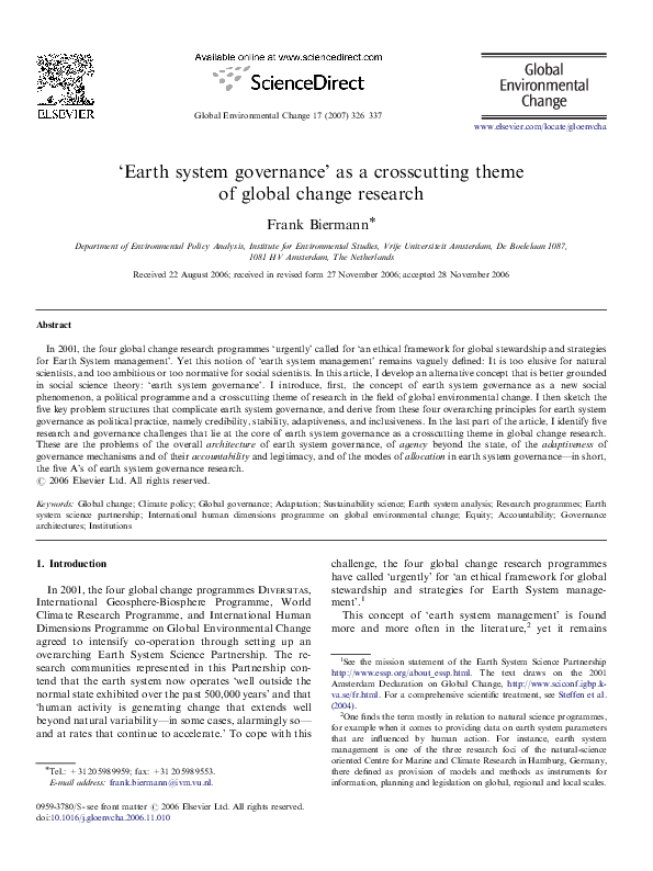 (PDF) ‘Earth system governance’ as a crosscutting theme of global ...