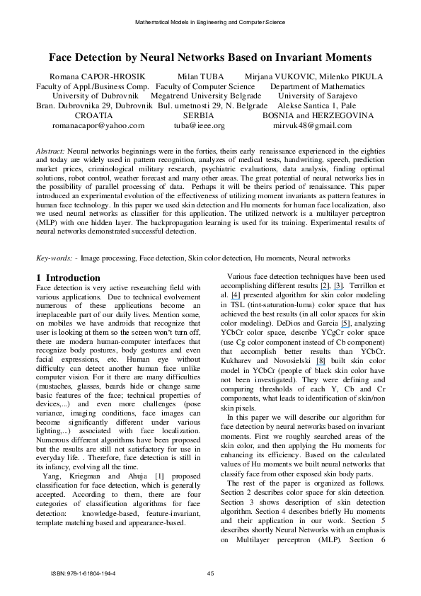(PDF) Face Detection by Neural Networks Based on Invariant Moments | mirjana vukovic and Milenko ...