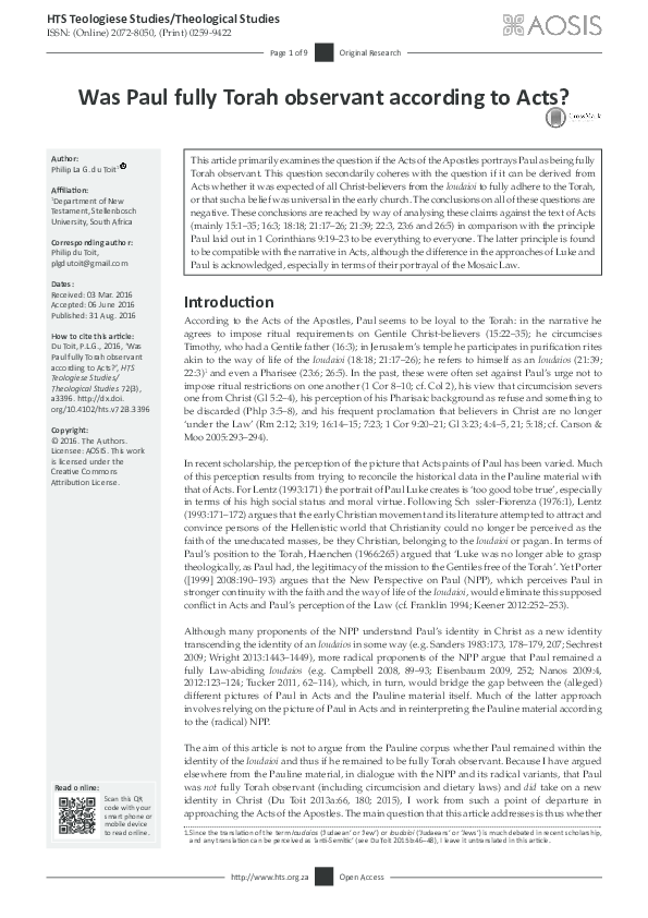 (PDF) Was Paul Fully Torah Observant According to Acts?