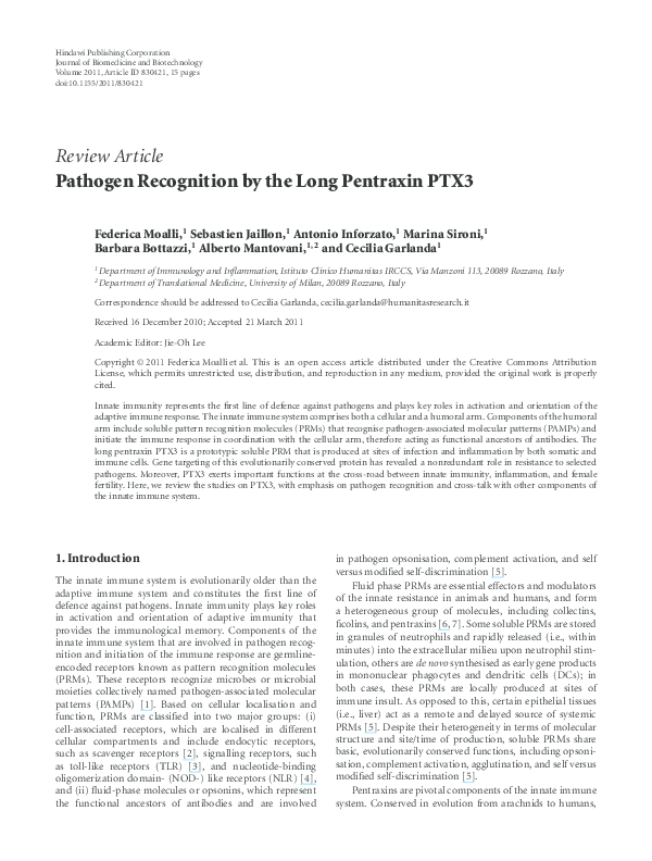 (PDF) Pathogen Recognition by the Long Pentraxin PTX3