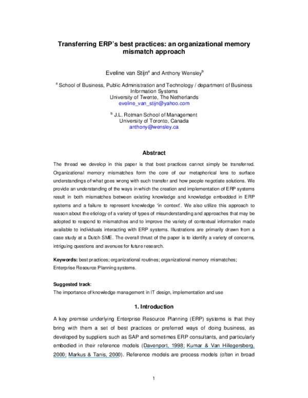 (PDF) Transferring ERP’s best practices: an organizational memory ...