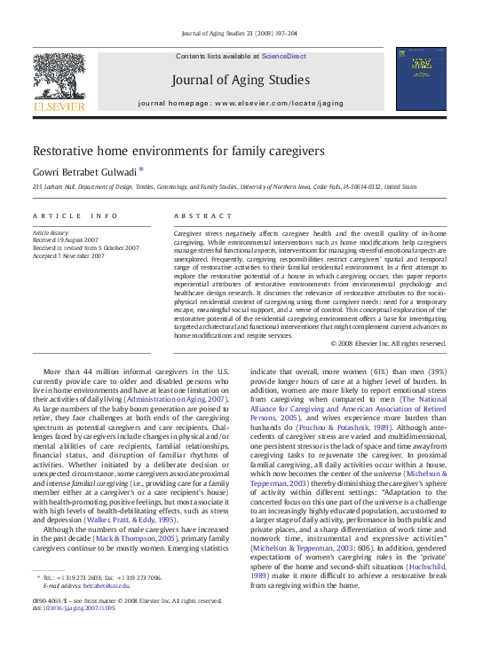 (PDF) Restorative home environments for family caregivers