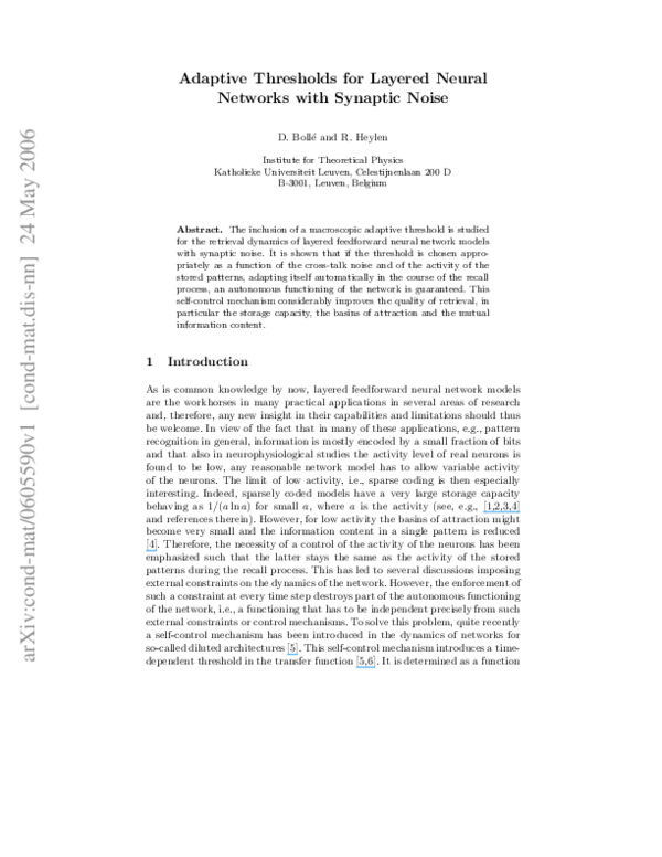 (PDF) Adaptive Thresholds for Layered Neural Networks with Synaptic Noise