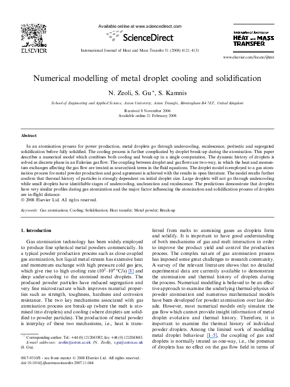 (PDF) Numerical modelling of metal droplet cooling and solidification