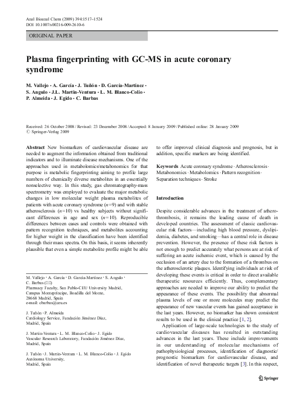 (PDF) Plasma fingerprinting with GC-MS in acute coronary syndrome
