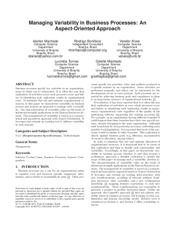 (PDF) Managing variability in business processes: an aspect-oriented approach