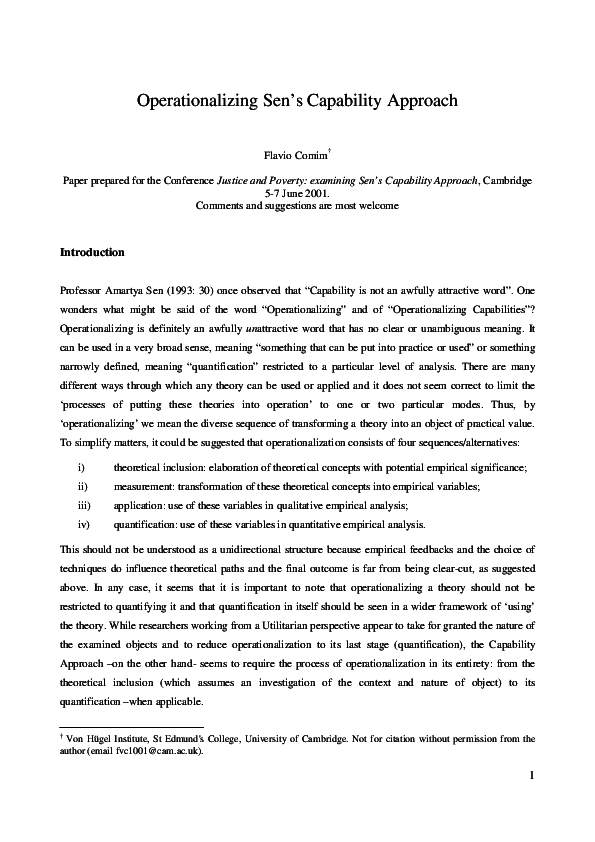 (PDF) Operationalizing Sen's capability approach