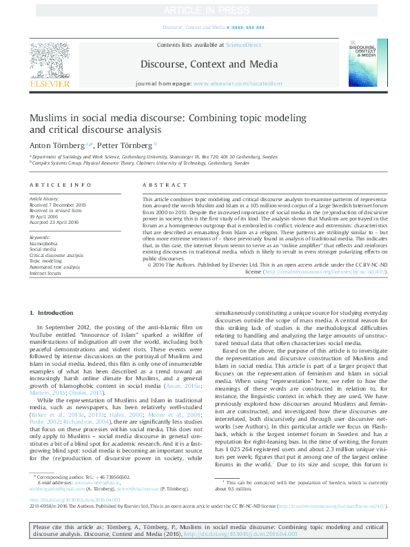 (PDF) Muslims in social media discourse: Combining topic modeling and critical discourse analysis