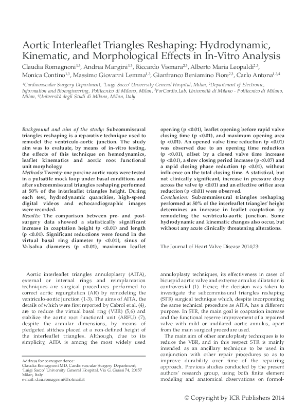 (PDF) Aortic interleaflet triangles reshaping: hydrodynamic, kinematic ...