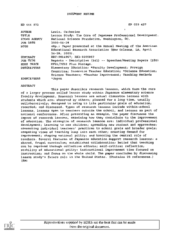 (PDF) Lesson study: The core of Japanese professional development